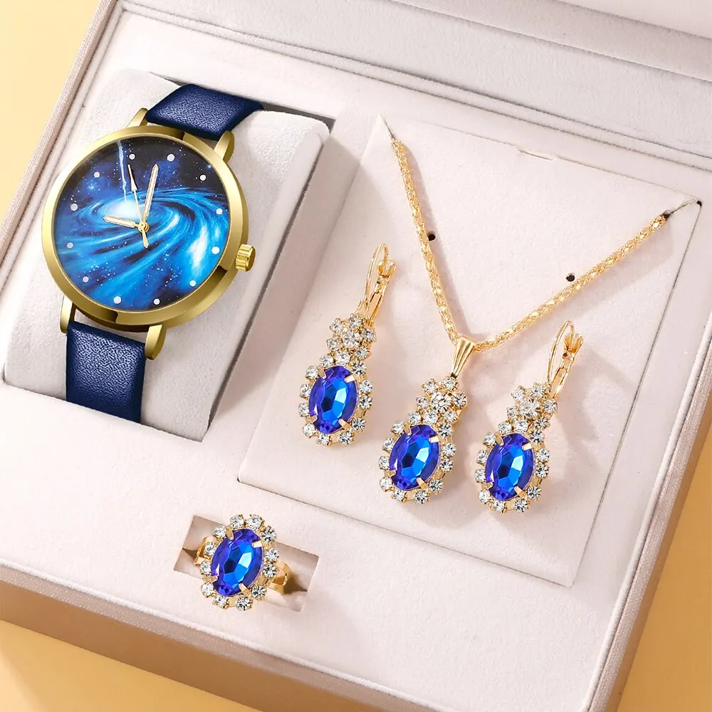 5PCS Set Women Starry Sky Dial Watch Brand Design Female Clock Blue ...