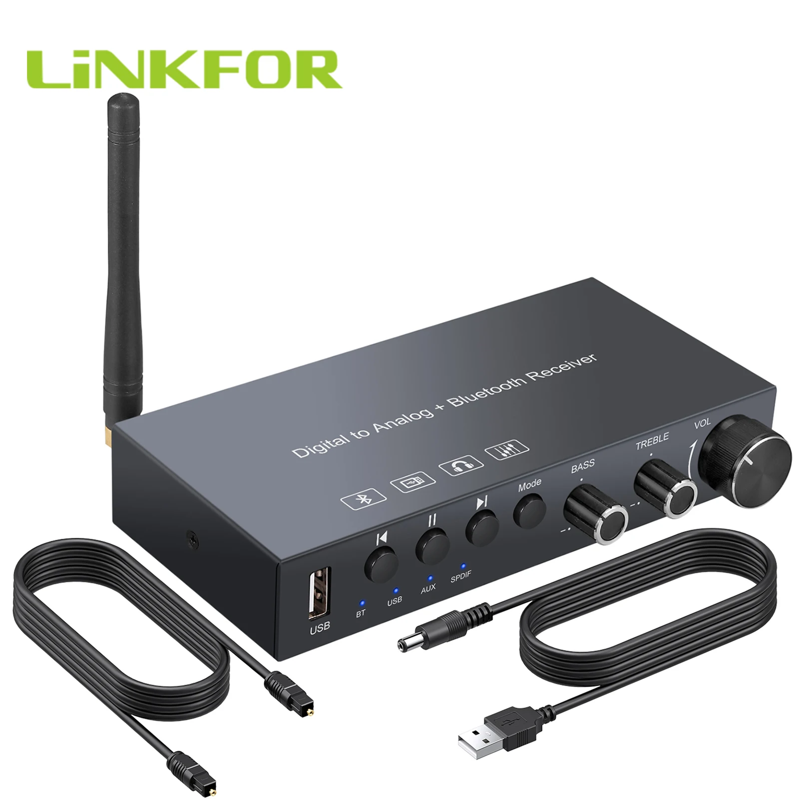 LiNKFOR 192KHz 블루투스 디지털 아날로그 변환기 DAC Toslink AUX RCA 3.5mm USB 플래시 드라이브 ...