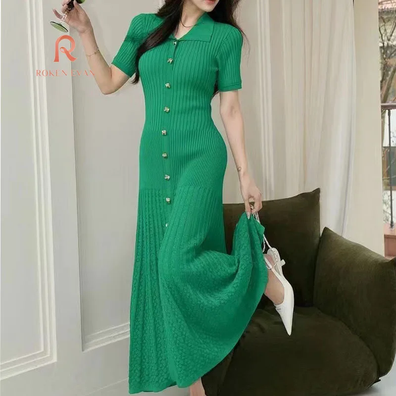ROKEN-EVAN-2024-Long-skirt-polo-collar-pullover-long-temperament-dress-hollow-knit-long-skirt ...