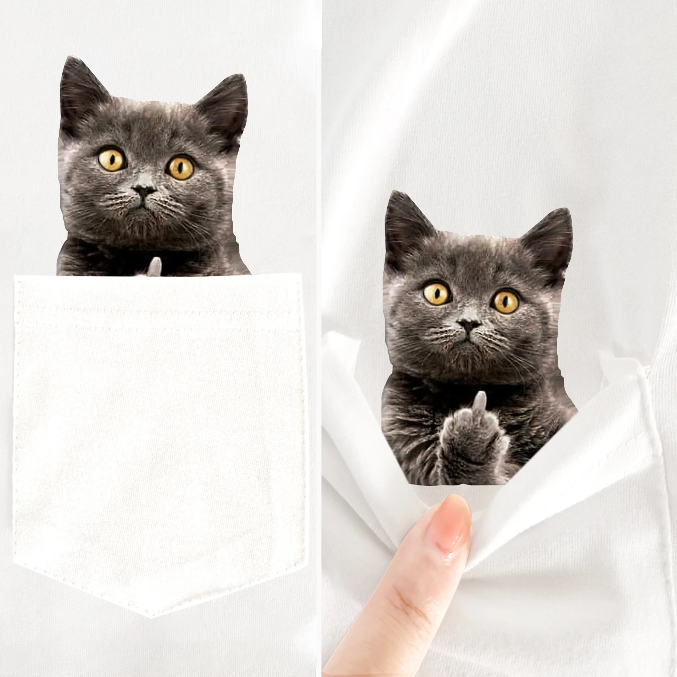 CLOOCL-Animal-T-Shirt-Funny-Cat-Middle-Finger-Pocket-Sticker-Printed-T ...