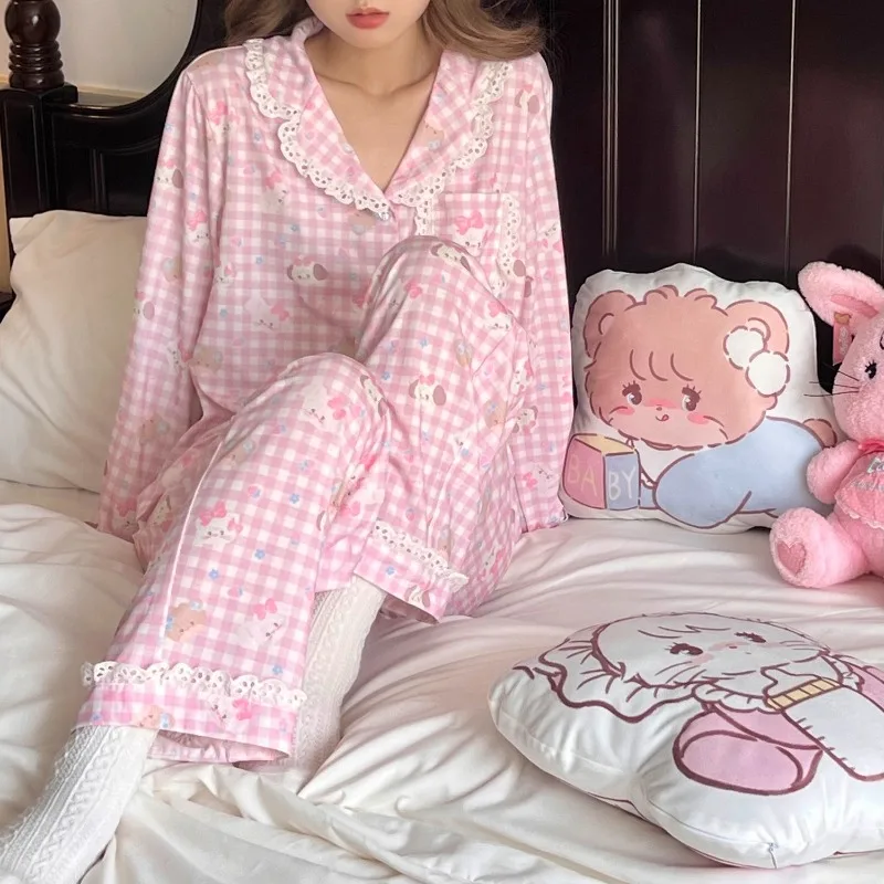 Korean-Lace-Pajamas-Women-Spring-Sleepwear-Lace-Plaid-Pyjamas-Cute ...