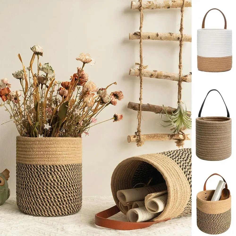 Natural-Woven-Jute-Cotton-Flower-Basket-with-Handle-Cotton-Rope-Hand ...