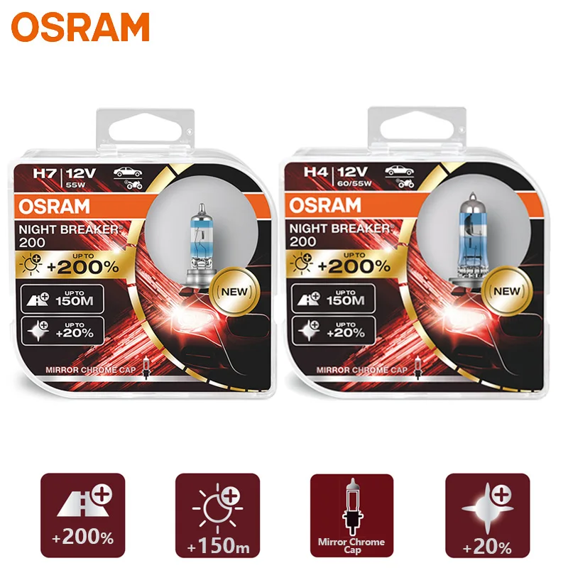 OSRAM 200 할로겐 자동차 헤드라이트 및 200% 파워 야간 차단기, 밝은 오리지널 자동차 램프, 독일제 한 쌍, 새로운 Gen H4 H7 9003 HB2