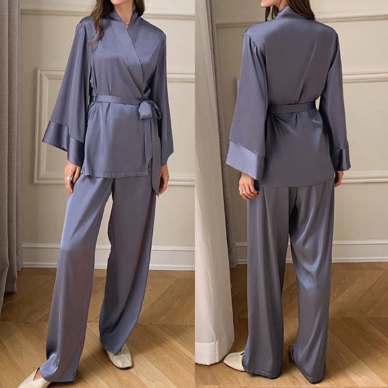 Satin Casual 2PCS Pajamas Suit With Pocket Women Long Sleeve Home ...