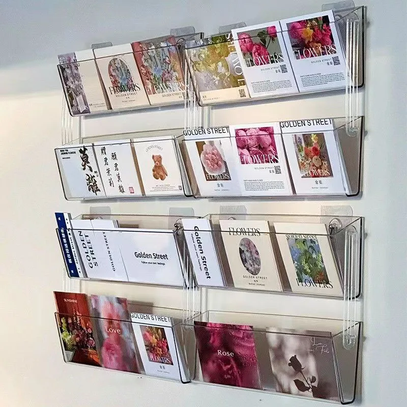 Wall-Mounted-No-Punch-Clear-Acrylic-Organizer-Shelf-Postcard-Magazine ...