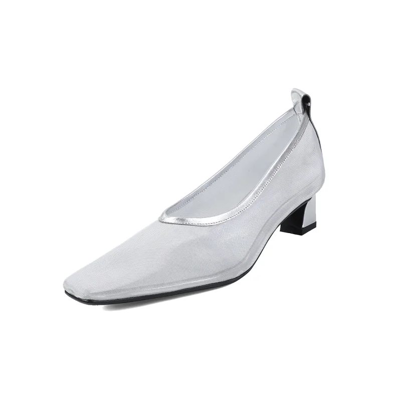 Women Summer Mesh Shoes Med Heel Breathable Pumps Square Toe Sandals ...