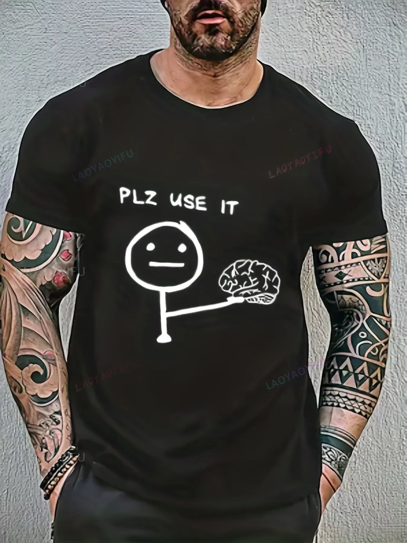 PLZ-USE-IT-Brain-Cartoon-Print-Men-Fun-Short-Sleeve-Round-Neck-T-shirt ...