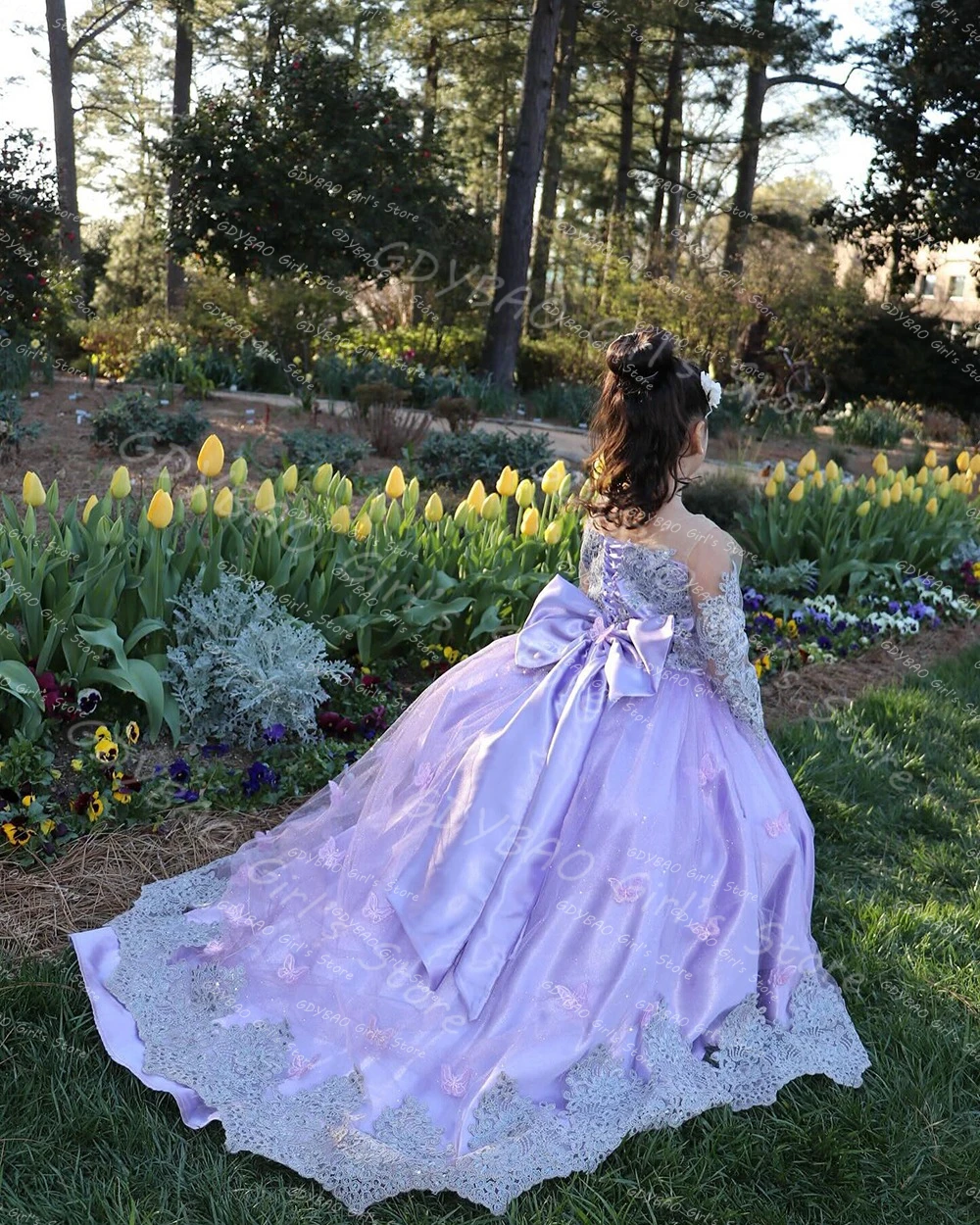 Lavender Girls Party Dress Long Sleeve Lace Applique Princess Pageant ...