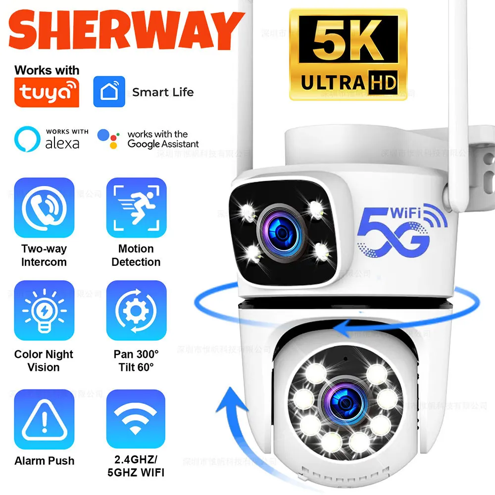 Tuya 5K 10MP WIFI IP Camera Outdoor 5G Wifi Dual Lens PTZ Cam Onvif ...