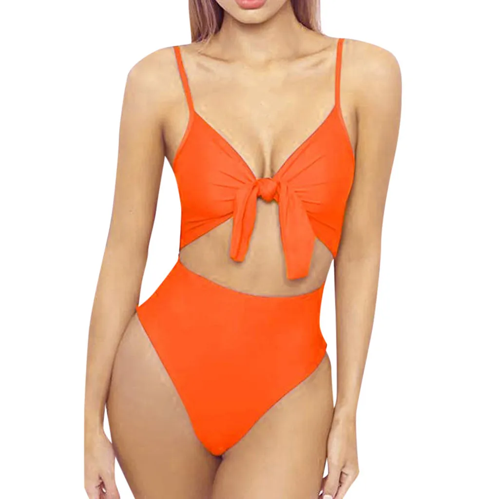 One Piece Swimsuit Womens Fashion Spaghetti Strap Tie Knot Front Cutout
