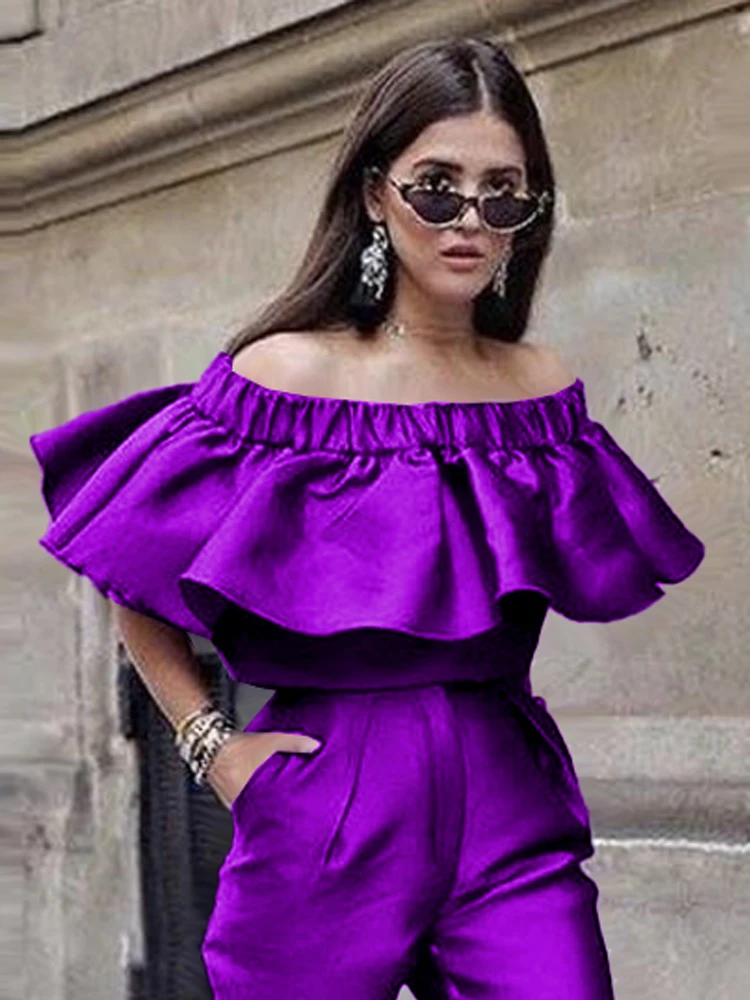 Pullover Tops Women Off Shoulder Shiny Purple Ruffles High Street ...