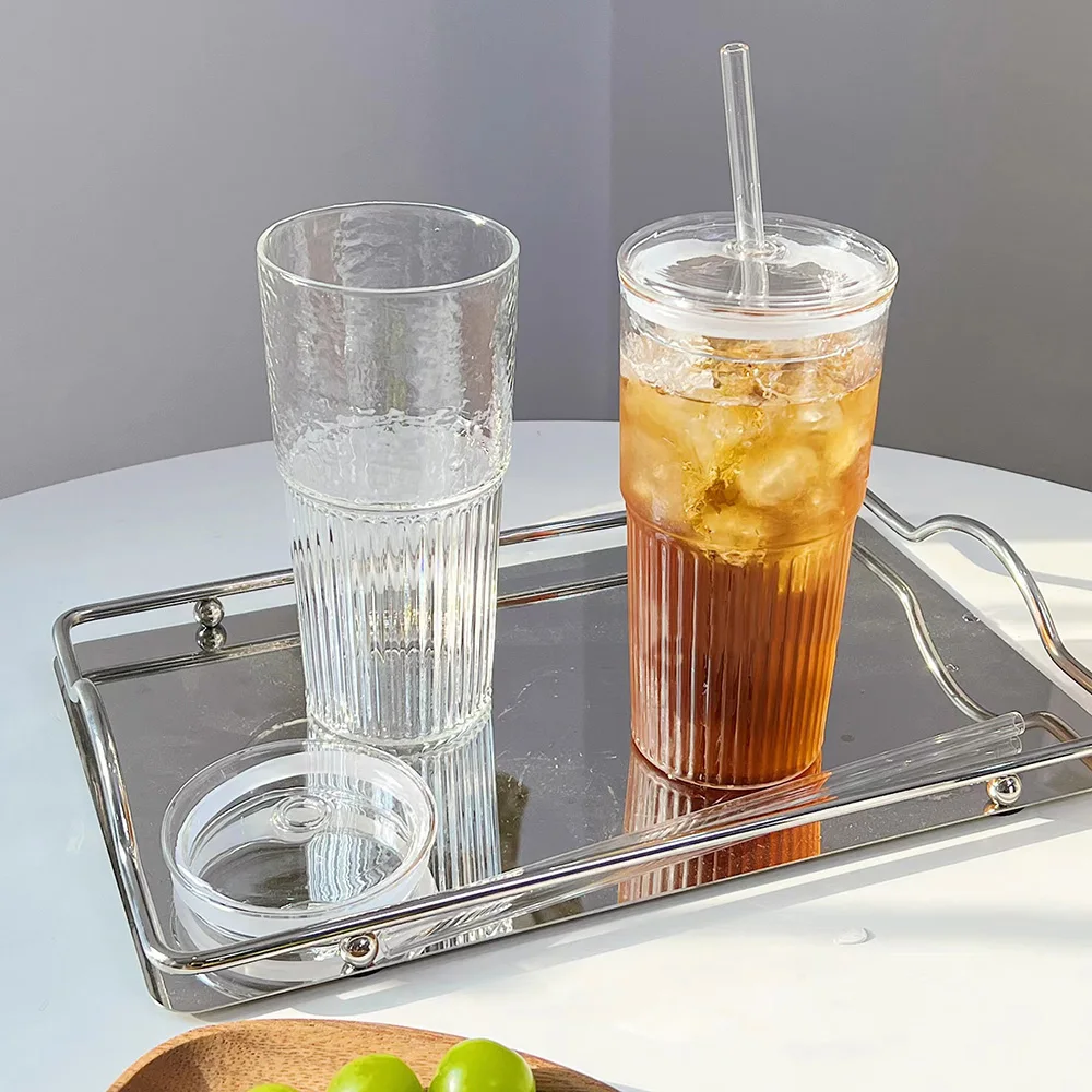 600ml-Simple-Stripe-Glass-Cup-With-Lid-and-Straw-Transparent-Bubble-Tea ...