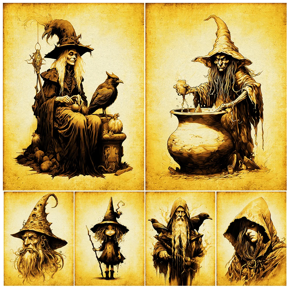 Rustic-Witches-Wizard-Vintage-Wall-Art-Canvas-Painting-Black-Magic-And ...
