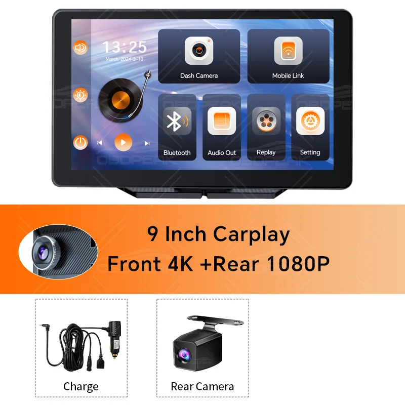 OBDPEAK 9 Inch Car DVR Wireless Carplay & Android Auto 4K DashCam ...