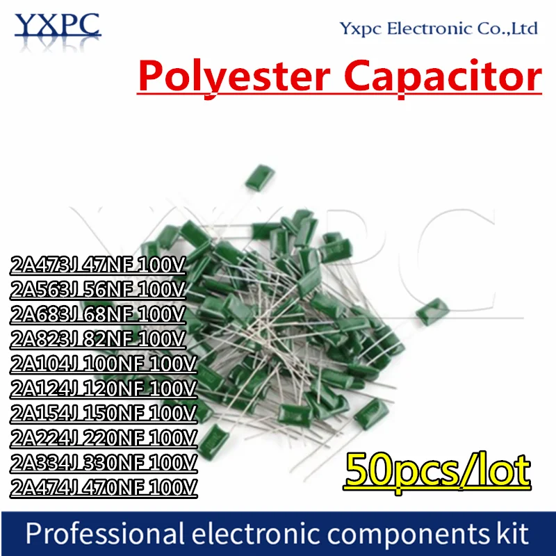 50pcs-100V-Polyester-Film-Capacitor-2A473J-2A563J-2A683J-2A823J-2A104J ...