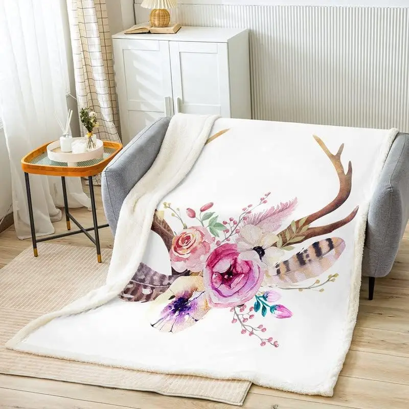Rose-Fleece-Throw-Blanket-Kids-Antlers-Rose-Floral-Plush-Blanket-for ...