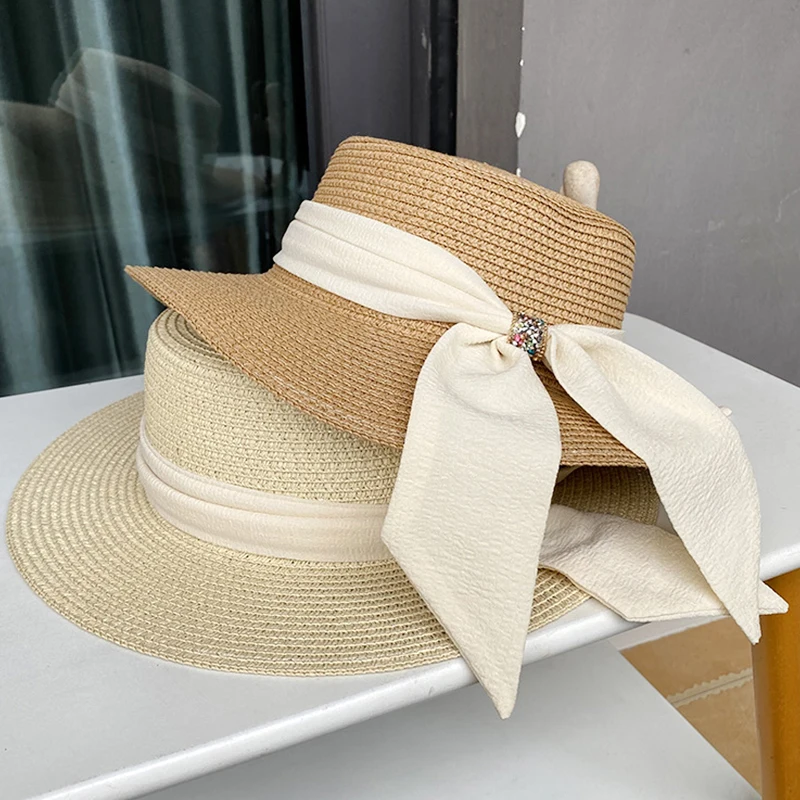 Women Summer Sunscreen Beach Caps Bowknot Sun Protection Straw Hat Wide ...