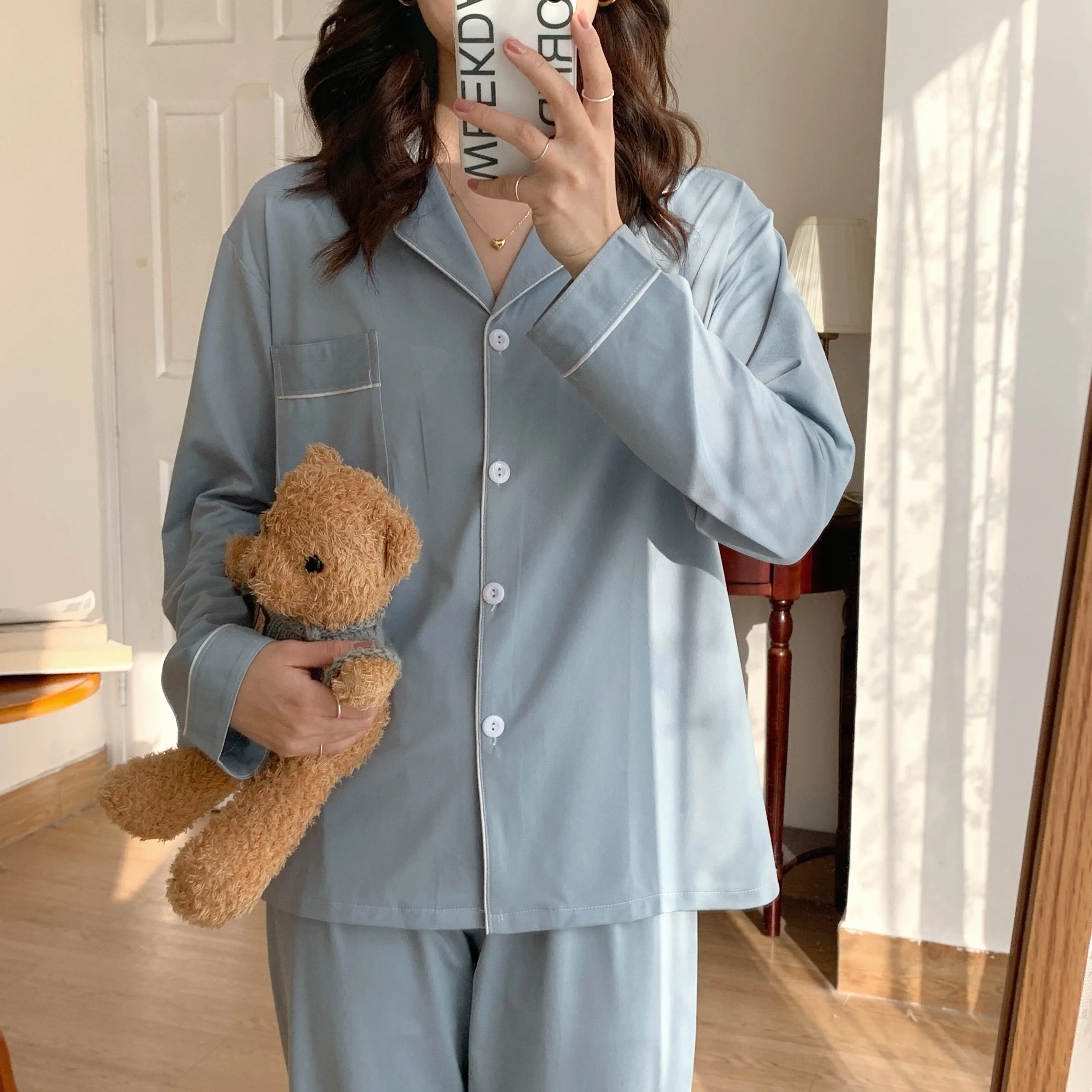 Womens-Korean-Style-Solid-Color-Pajamas-Set-Turn-down-Collar-Pyjamas ...