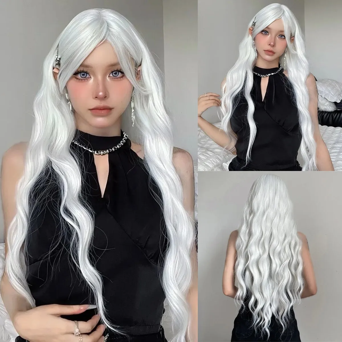 Peluca-larga-rubia-blanca-con-flequillo-para-mujer-pelucas-sedosas-de ...