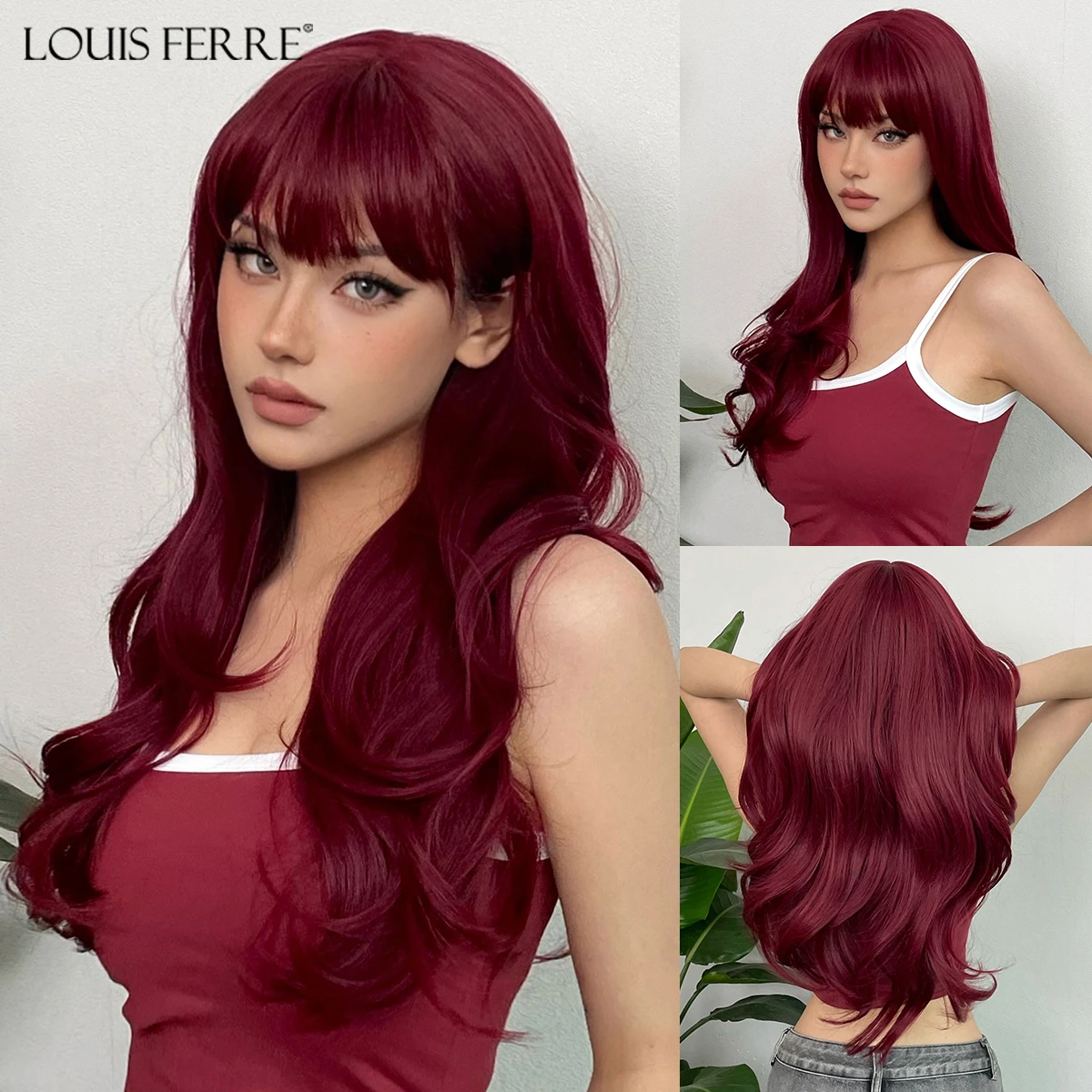 Louis Ferre Long Wine Red Synthetic Wig Natural Wave Women Wig With ...