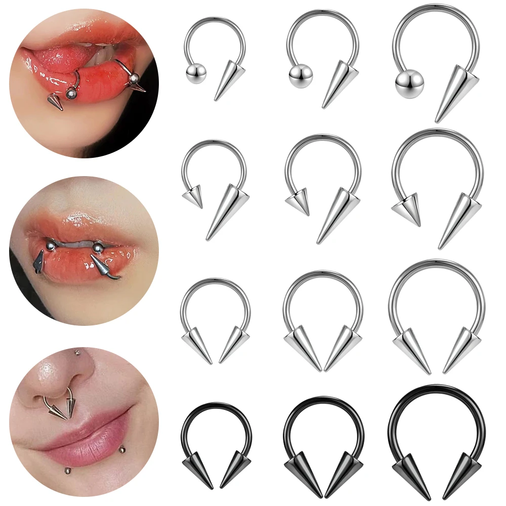ZS 16G Cone Septum Ring Stainless Steel Horseshoe Nose Piercing Spike Lip Rings Black Color ...