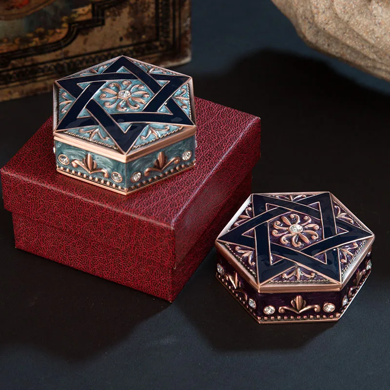 Vintage Metal Jewelry Box Hexagon Shaped Trinkets Storage Carrying Case ...