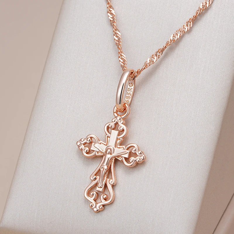 Kinel-Luxury-585-Rose-Gold-Color-Cross-Pendant-Necklace-For-Women-Men ...