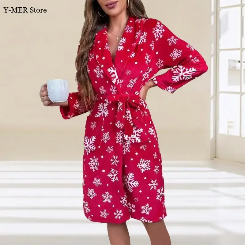 Snow Print Kimono Warm Flannel Plaid Bathrobe Gown Long Sleeve Intimate ...