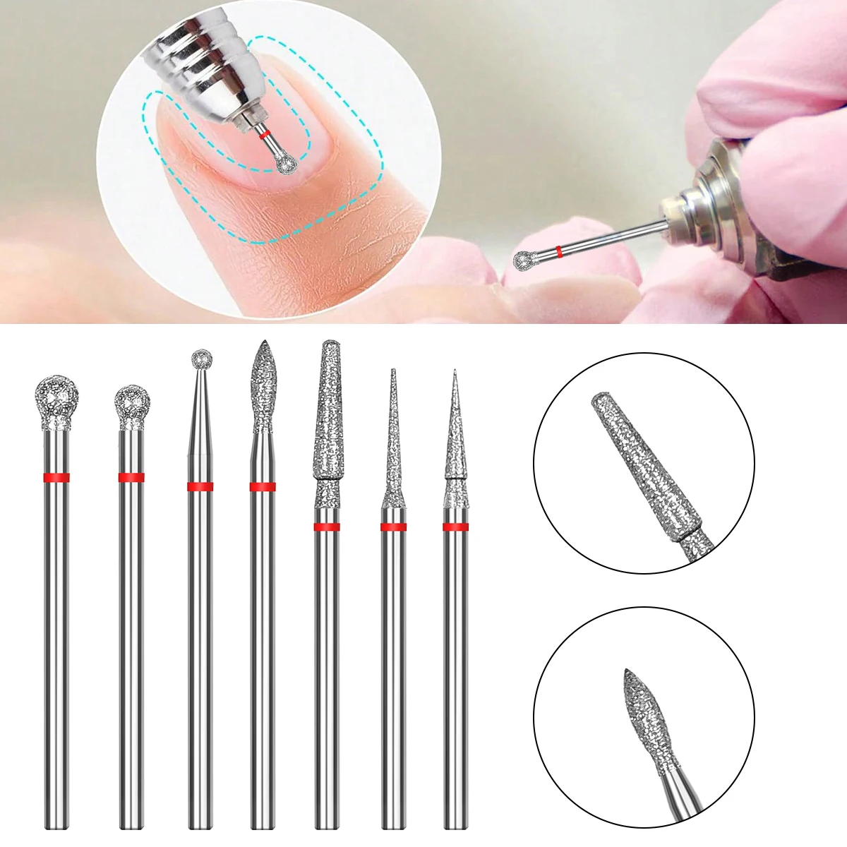 7Pcs Red blue random Nail Cone Tip Diamond Drill Bits Electric Cuticle ...
