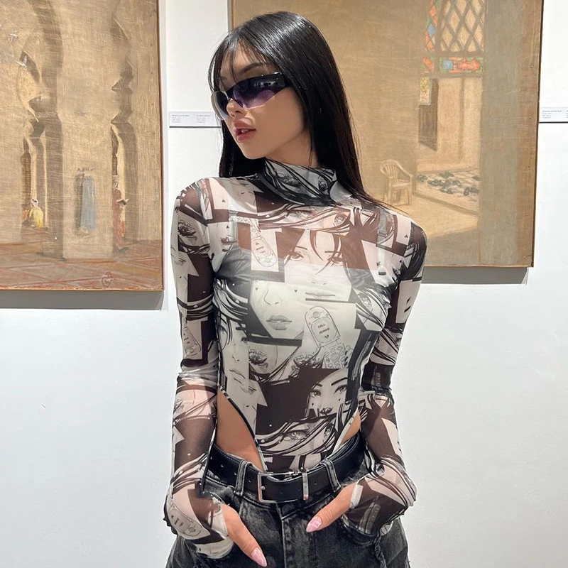 Body-transparente-de-malla-para-mujer-camiseta-Sexy-con-estampado-de ...