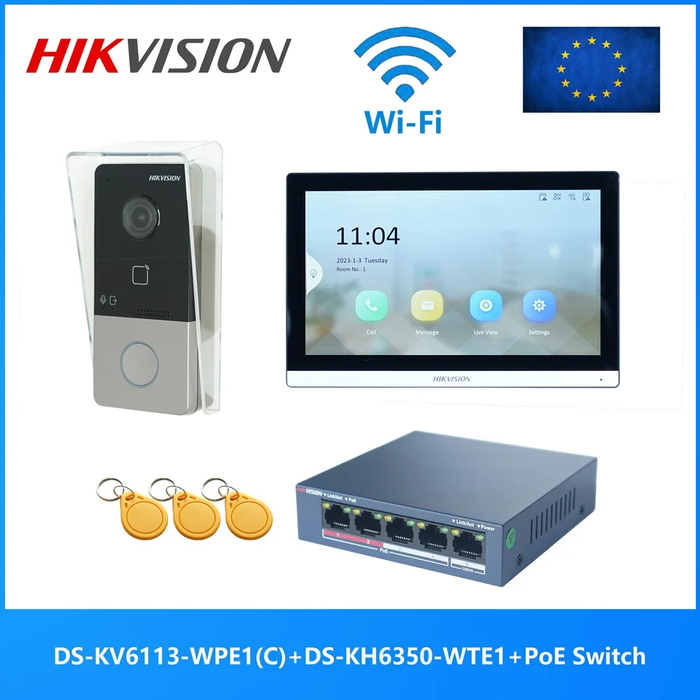 HIKVISION-Kit de Video Intercom com PoE Switch, Multi-idioma, Inclui DS-KV6113-WPE1 C, DS-KH6350 ...