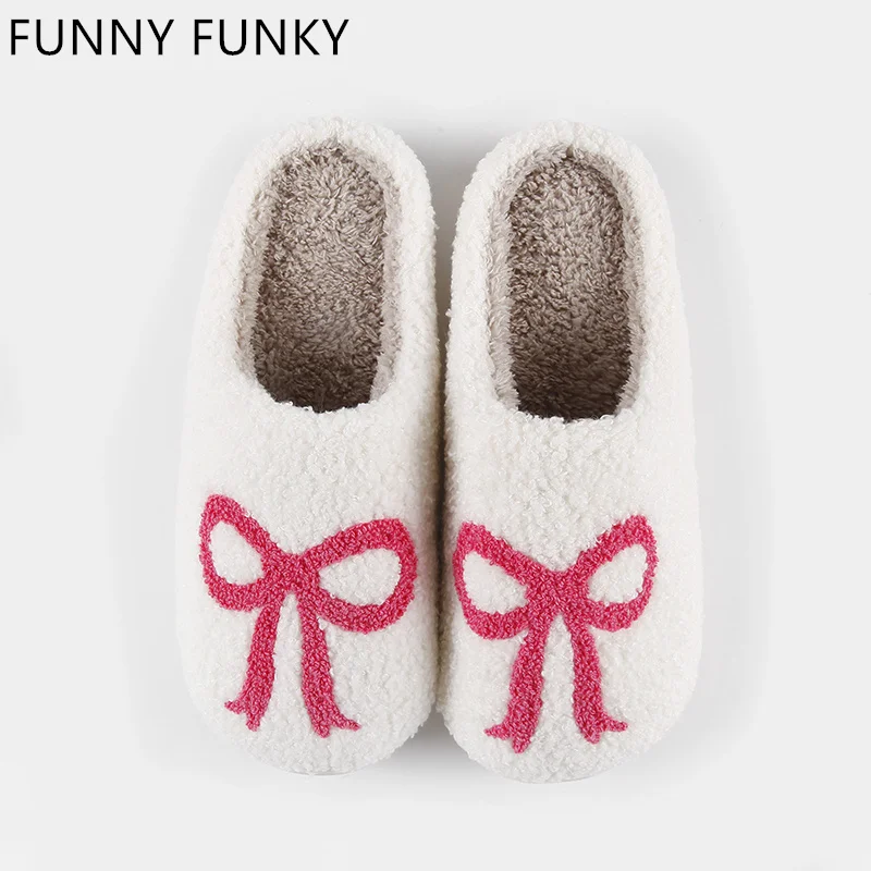 Winter-Slippers-for-Women-Pink-Bow-Cozy-Home-Slippers-Fleece-Indoor ...