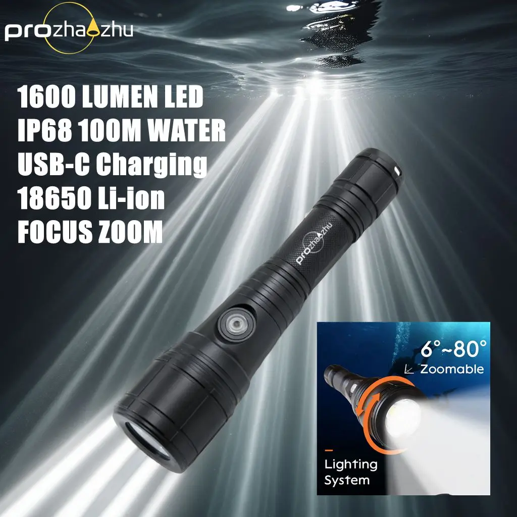 Focus-Zoom-Diving-Flashlight-1600-Lumen-Aluminum-Alloy-IP68-100M ...