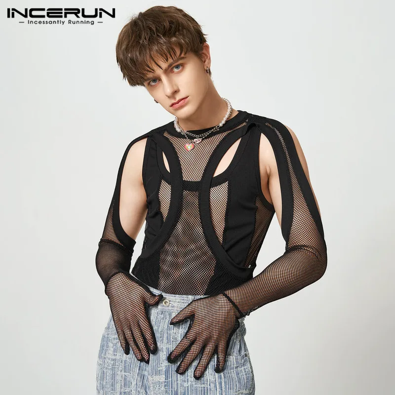 INCERUN-Men-Bodysuits-Mesh-Patchwork-Transparent-O-neck-Long-Sleeve ...