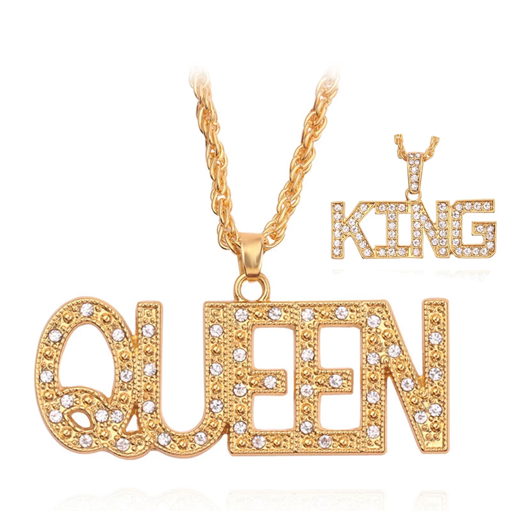 Men Hip Hop Full Rhinestone King Queen Pendants Necklaces Bling Bling ...