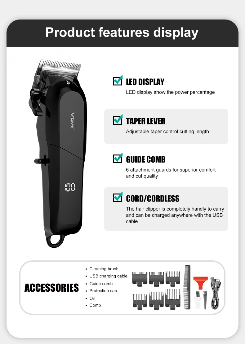 VGR V-118 Professional Hair Clipper with LED Display Trimmer - OTC.LK