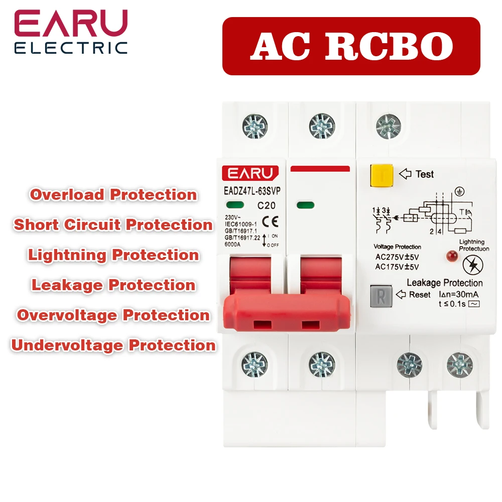 230V 2P SPD Residual Current Circuit Breaker With Overload Overvoltage ...