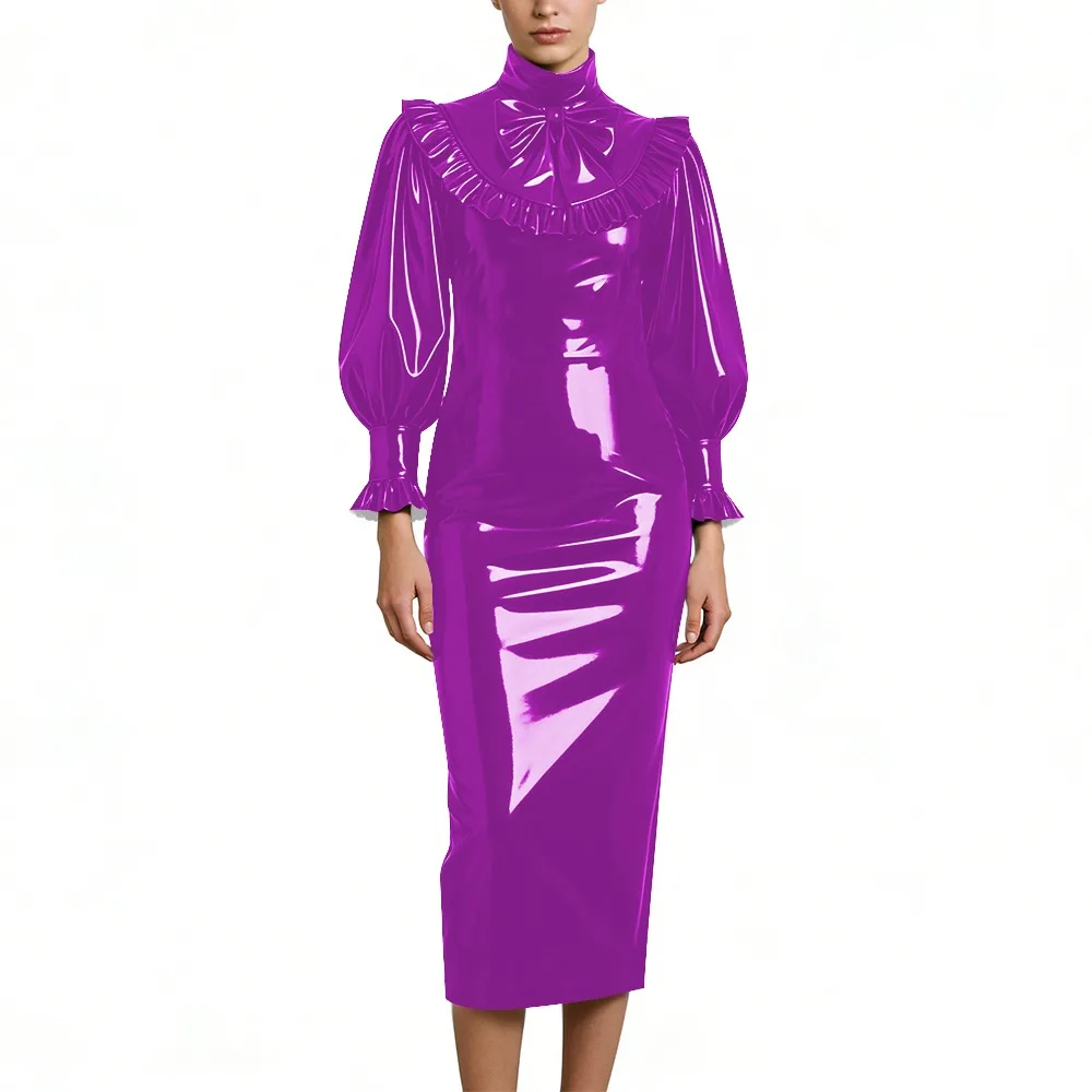 Cocktail Party Shiny PVC Leather Midi Dresses Lockable High Neck Long ...