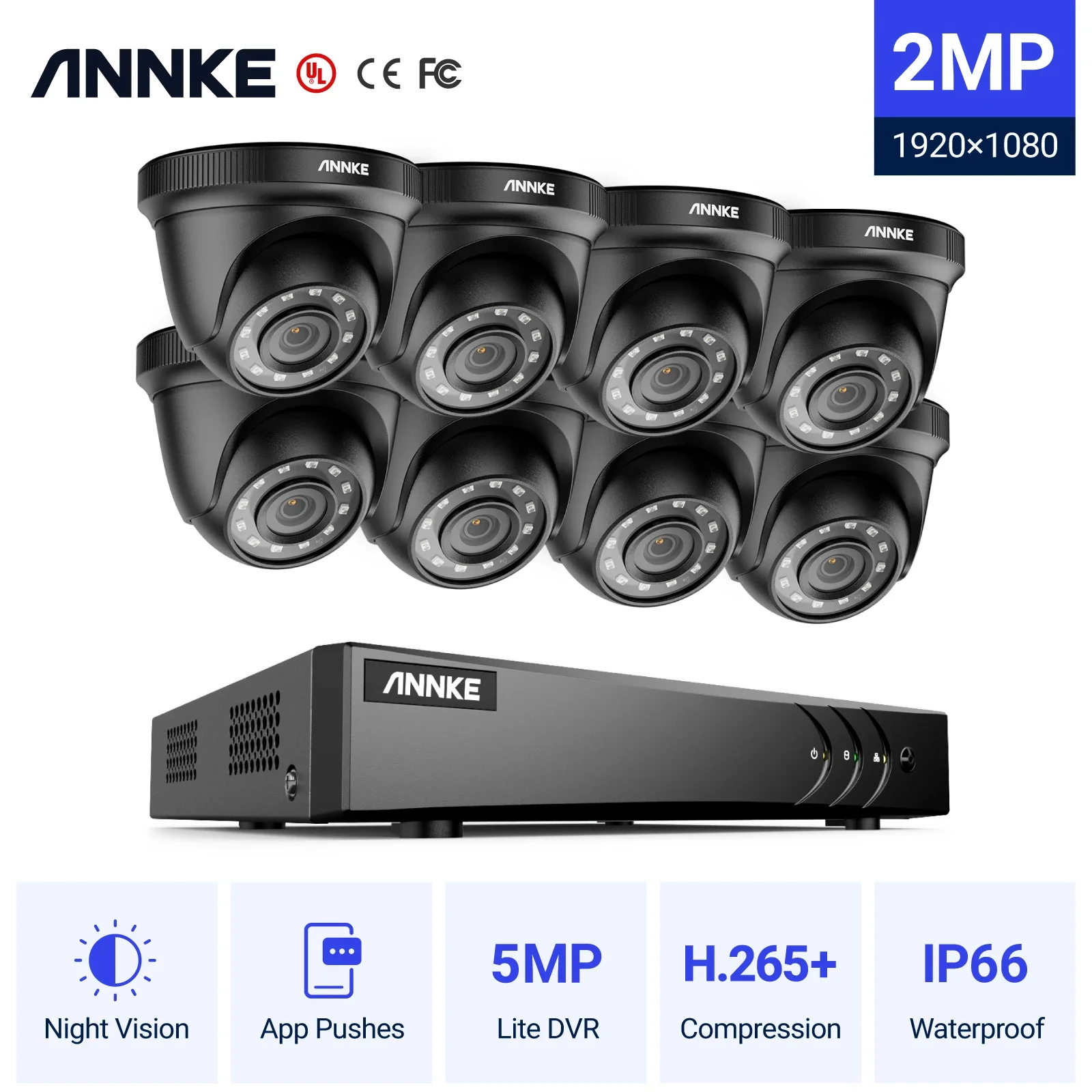ANNKE 8CH 2MP HD Video Security System 5MP Lite H.265+ DVR With 4X 8X ...