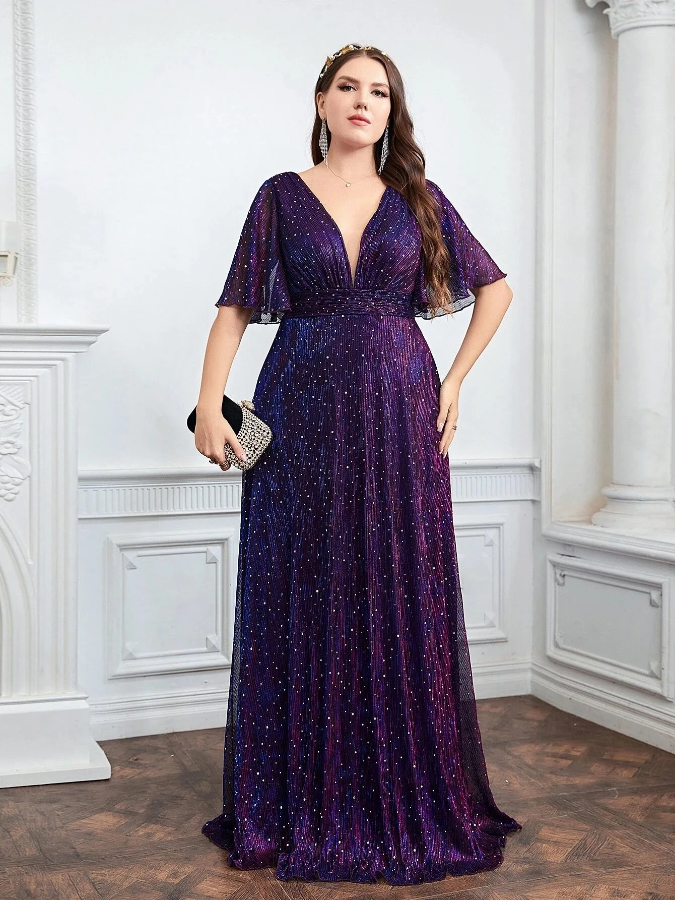 Wedding Bridesmaid Dress For Plus Size Female Fashion Plunging Neck ...