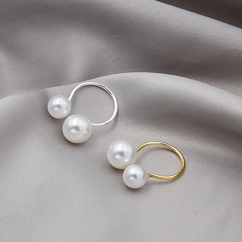 Pearl Opening Ring White Gold Color Round Minimalist Exaggerated Ring Double Pearls Rings Women ...