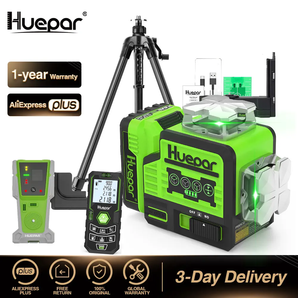 Huepar-2D-Cross-Line-Laser-Level-With-Laser-Receiver-Tripod-Rangefinder ...