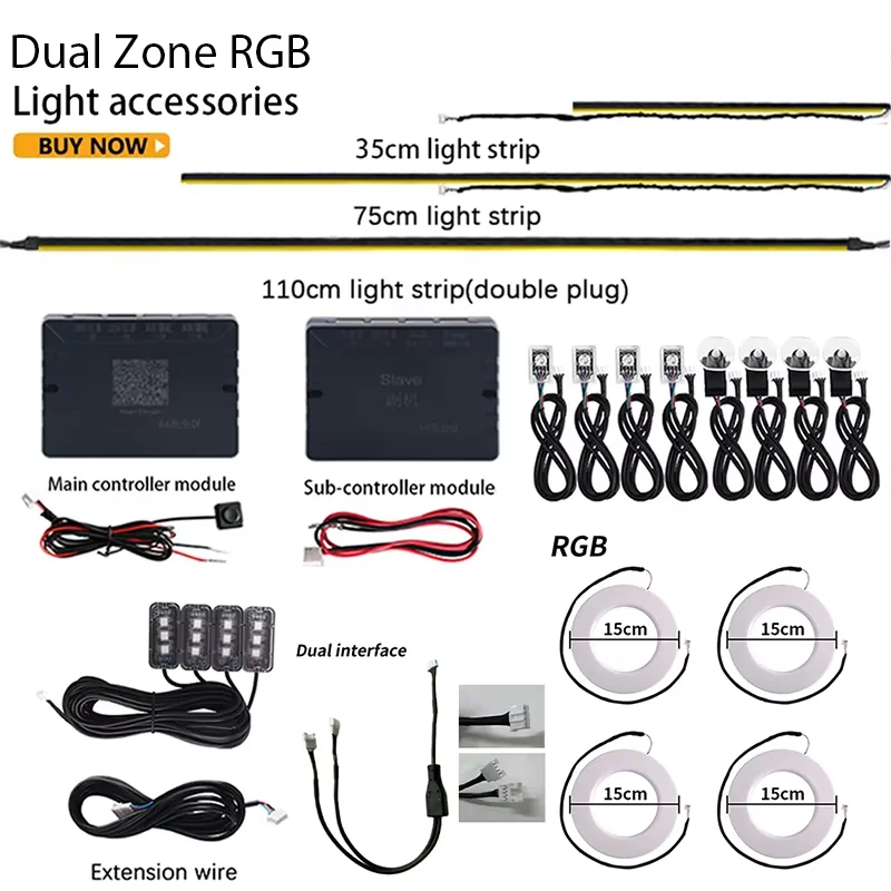 Dual Zone 18 in 1 RGB 64 Colors Acrylic Strip Car LED Ambient Light 35 ...