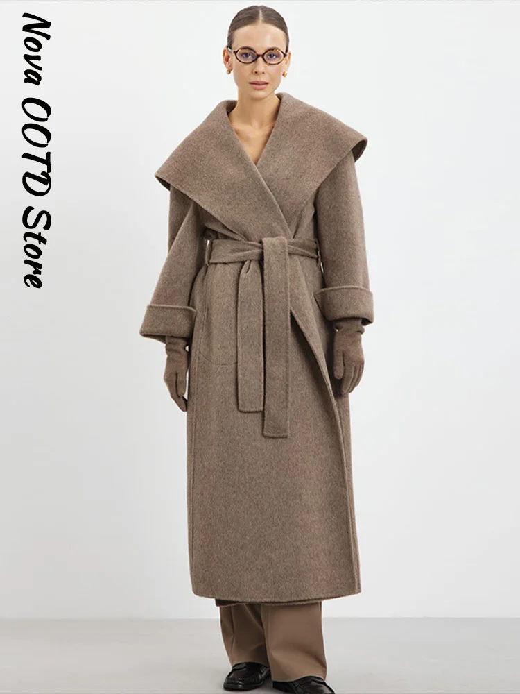 Elegant Shawl Collar Lace Up Long Woolen Coat Women Full Sleeve Belt ...