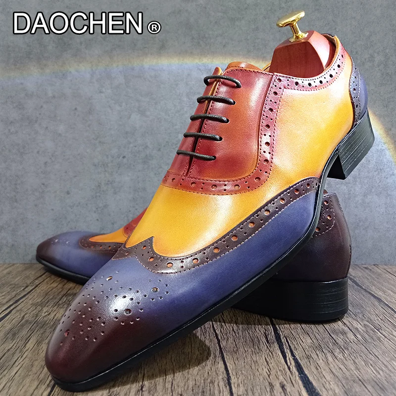 Fashion Design Men Leather Shoes Lace Up Pointed Toe Brogue Mix Color ...