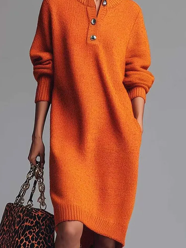 Elegant Lapel Collar Button Knitted Dress Casual Long Sleeve Ribbed ...