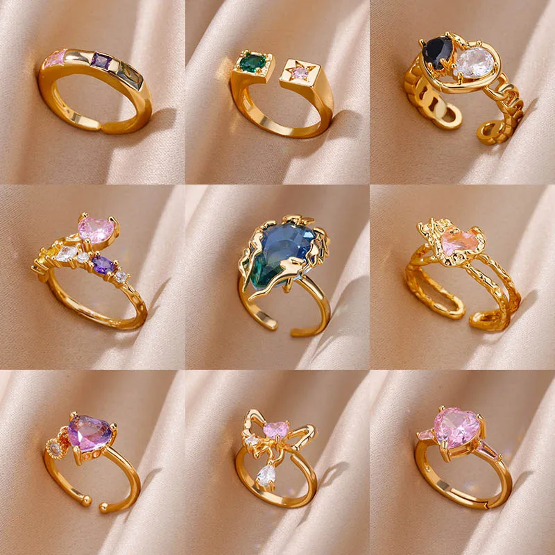Zircon-Flame-Drop-Rings-For-Women-Gold-Plated-Stainless-Steel-Water ...