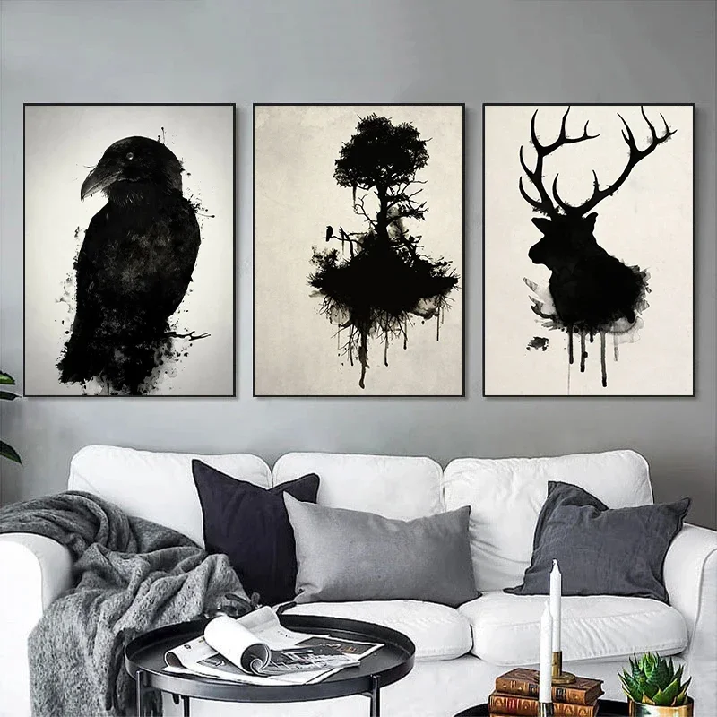 Black-and-White-Painting-Wall-Art-Japanese-Armored-Samurai-Crow-and ...