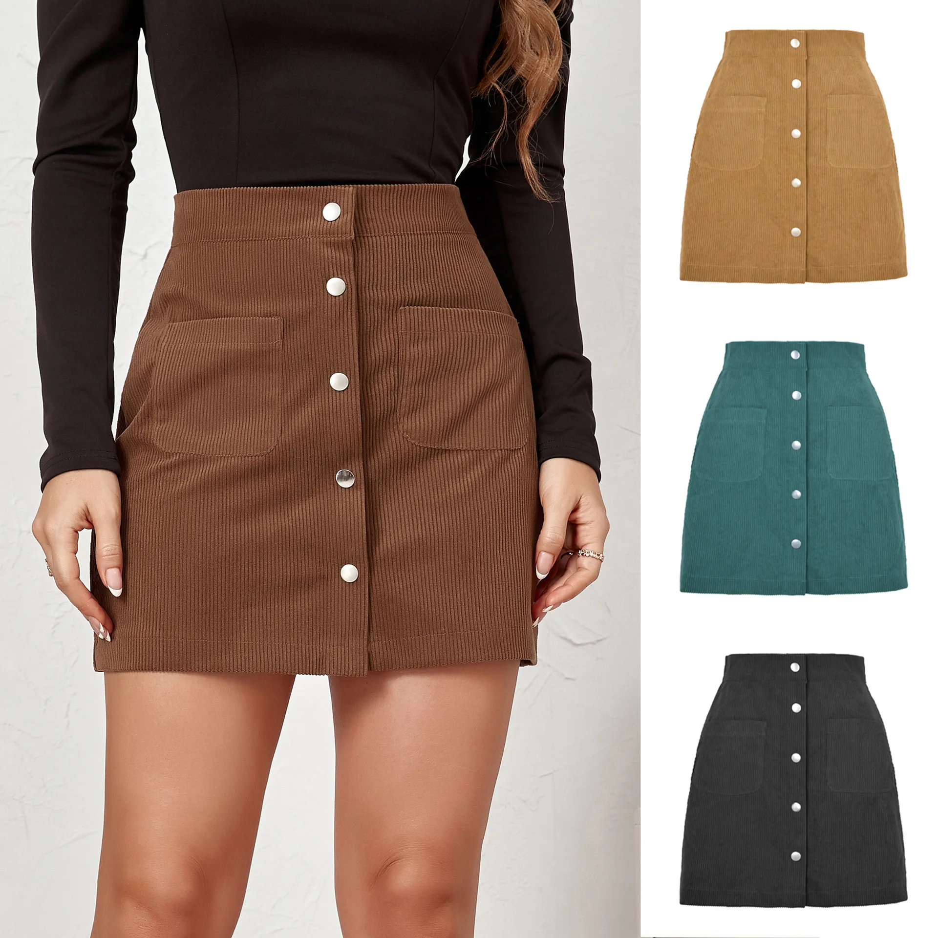 Corduroy-Button-Skirts-Autumn-Women-High-Elastic-Waist-Side-Zip-Pocket ...