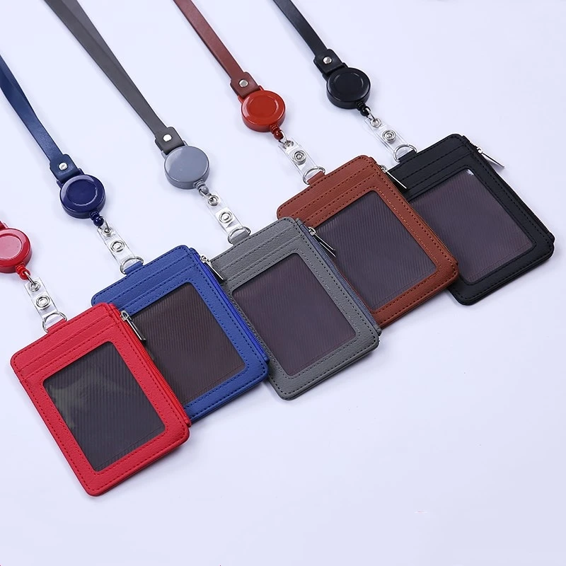 Retractable Badge Lanyard Work Name Business Card Cover PU Leather Bus ...